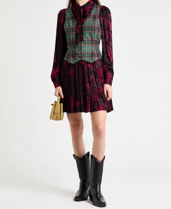 MAXCO. Max&co. Floral Print Shirt Dress With Jacquard And Plaid Vest