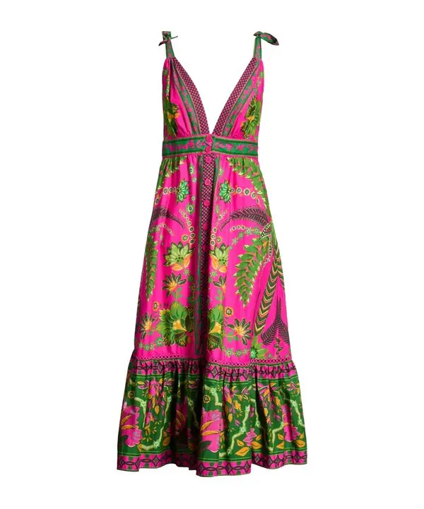 Farm Rio Floral V-neck Maxi Dress With Tie Details And Open Back - Pink
