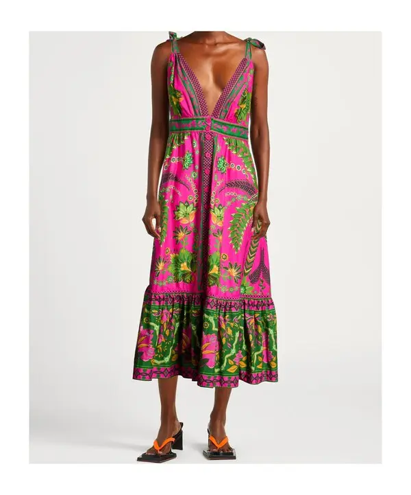 Farm Rio Floral V-neck Maxi Dress With Tie Details And Open Back