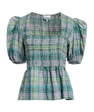 GANNI Woven Gathered Tartan Pattern Square Neckline Blouse