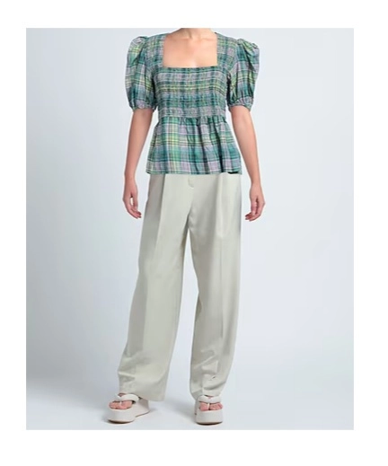 GANNI Woven Gathered Tartan Pattern Square Neckline Blouse
