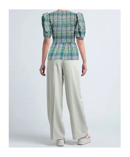 GANNI Woven Gathered Tartan Pattern Square Neckline Blouse