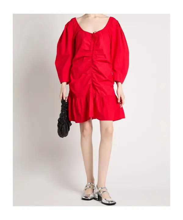GANNI Pleated Dress With Flared Skirt And Deep V Neckline