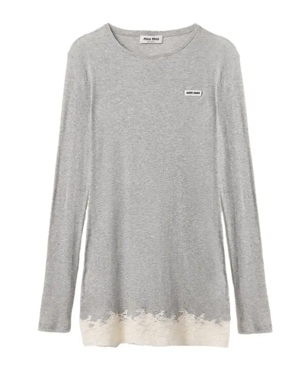 Miu Miu Ribbed Jersey And Lace Dress - Grey