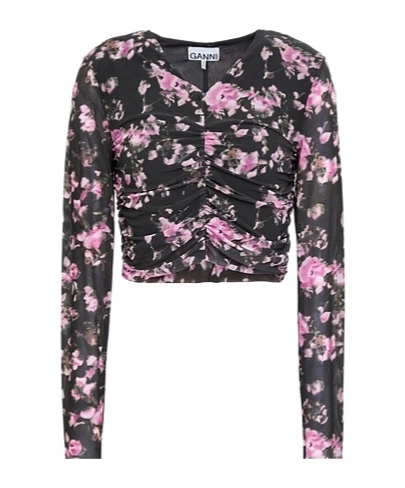 GANNI Floral Print Tulle Gathered V-neck Cropped Top