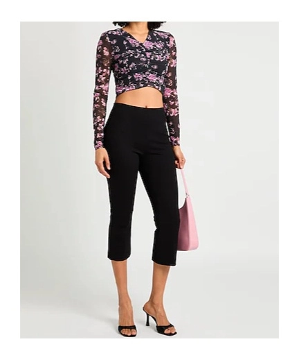 GANNI Floral Print Tulle Gathered V-neck Cropped Top