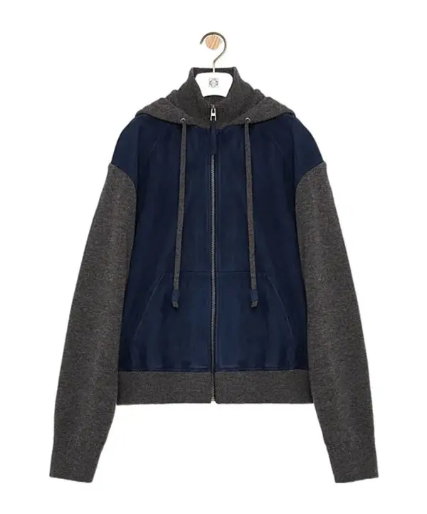 Loewe Hybrid Zip-up Hoodie In Suede Goatskin And Wool Blend - Navy Blue