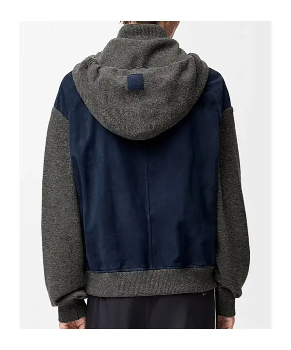 Loewe Hybrid Zip-up Hoodie In Suede Goatskin And Wool Blend - Navy Blue