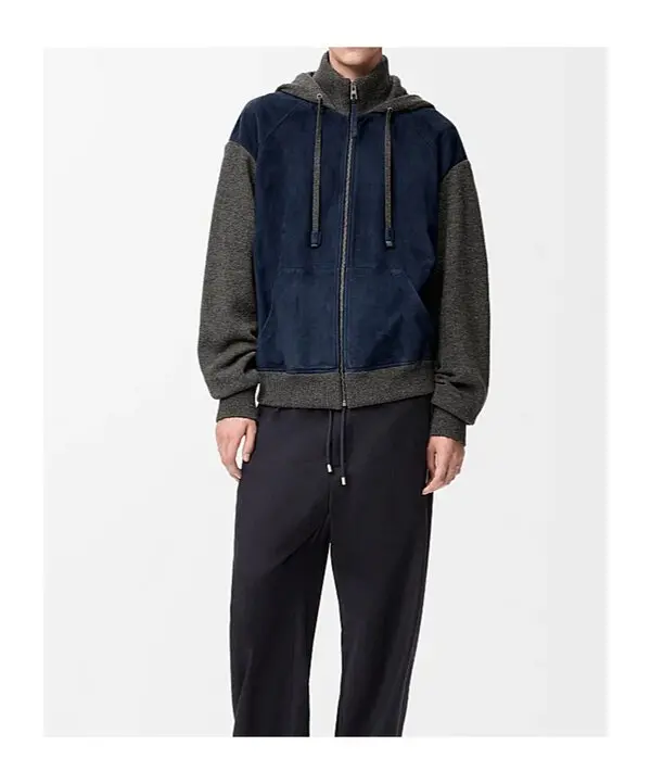 Loewe Hybrid Zip-up Hoodie In Suede Goatskin And Wool Blend - Navy Blue