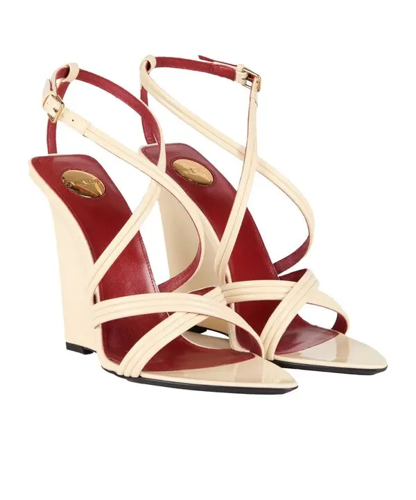Saint Laurent Patent Leather Wedge Sandals - Nude