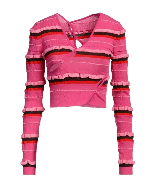 Jacquemus Striped V-neck Long Sleeve Sweater With Ruffle Detail - Fuchsia