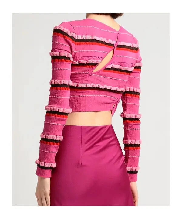 Jacquemus Striped V-neck Long Sleeve Sweater With Ruffle Detail - Fuchsia