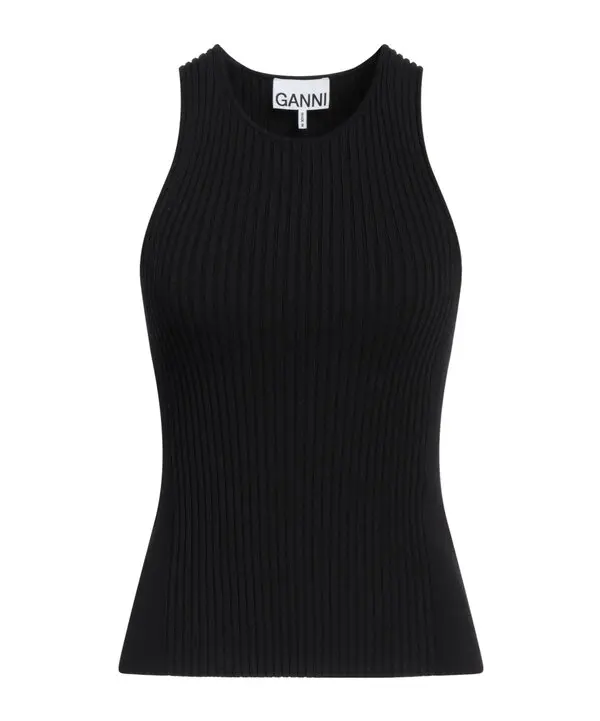GANNI Ribbed Knit Sleeveless Crewneck Top - Black
