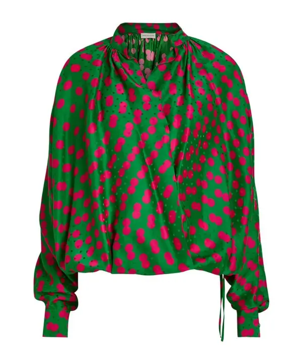 Dries Van Noten Polka Dot Satin Wrap Blouse