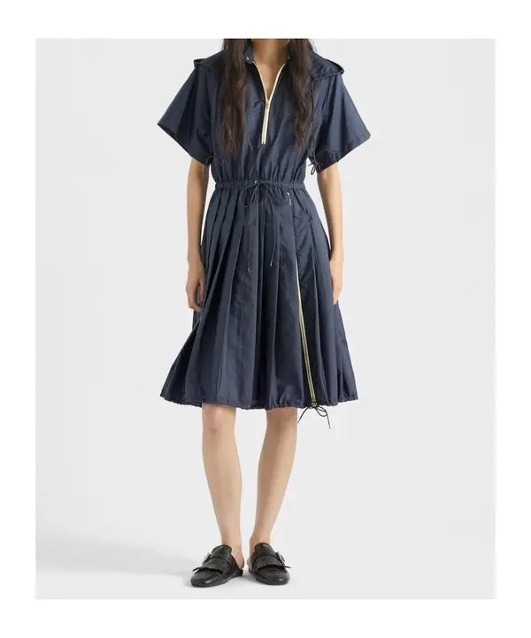 Prada Light Re-nylon Midi Dress With Hood And Pleated Skirt
