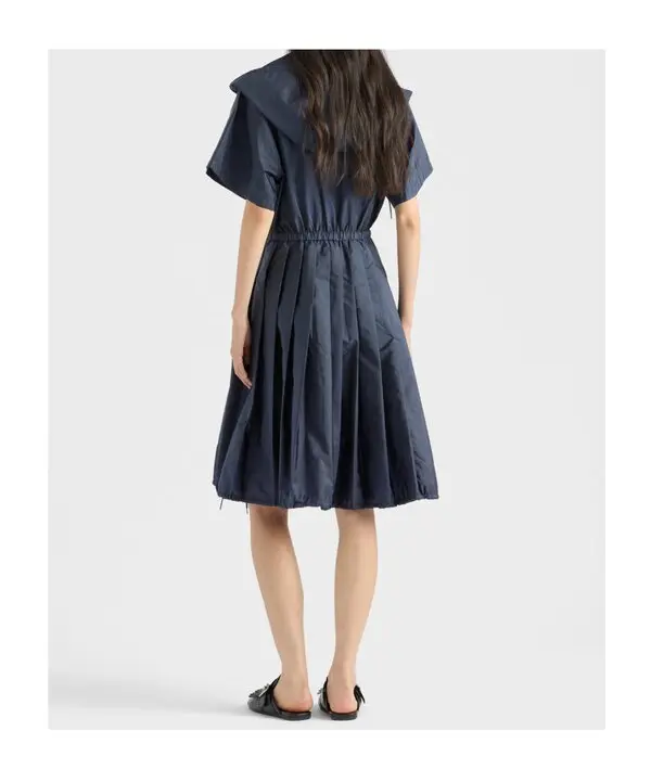 Prada Light Re-nylon Midi Dress With Hood And Pleated Skirt