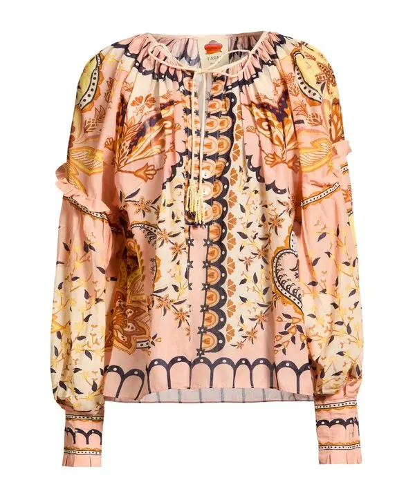 Farm Rio Long-sleeved Printed Blouse With Ruffle Trim