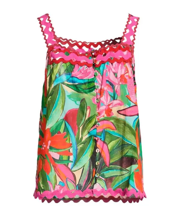 Farm Rio Sleeveless Top With Floral Print And Wavy Trim