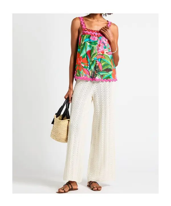 Farm Rio Sleeveless Top With Floral Print And Wavy Trim