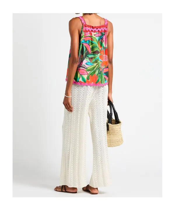 Farm Rio Sleeveless Top With Floral Print And Wavy Trim