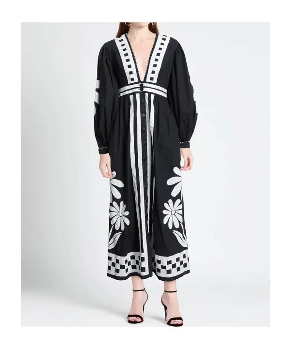 Farm Rio Long Sleeve V-neck Button Front Maxi Dress With Floral Detail