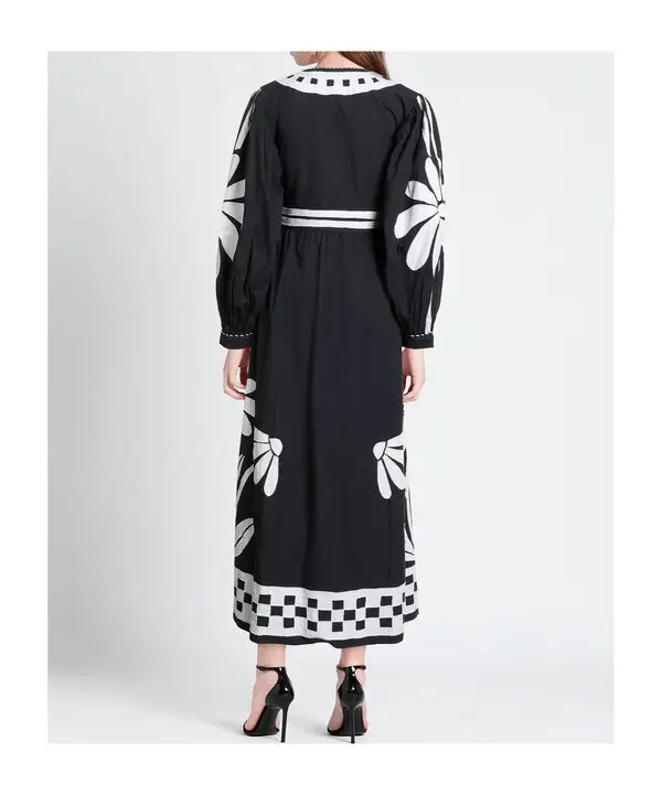Farm Rio Long Sleeve V-neck Button Front Maxi Dress With Floral Detail