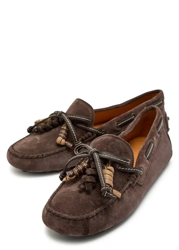 TOD'S Gommino Suede Loafers With Bow Detailing - Brown