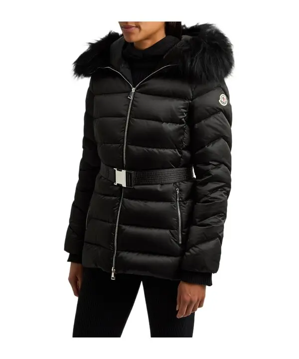 Moncler Quilted Down Hooded Jacket With Detachable Fur Trim And Belt