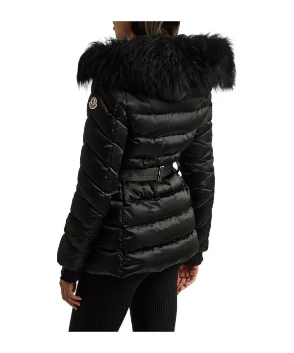 Moncler Quilted Down Hooded Jacket With Detachable Fur Trim And Belt