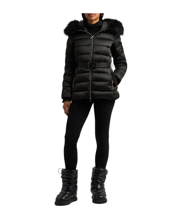 Moncler Quilted Down Hooded Jacket With Detachable Fur Trim And Belt