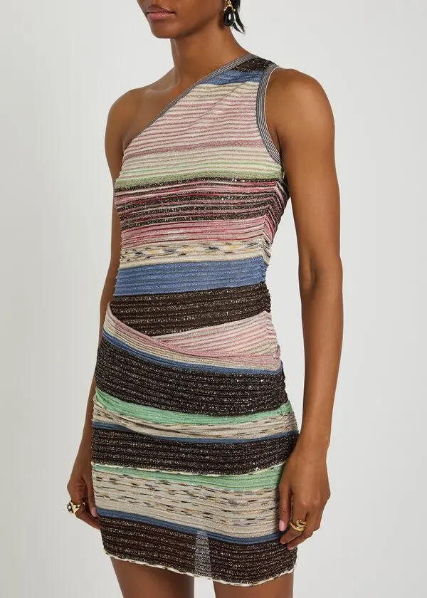 Missoni Striped Ruched Metallic-knit Mini Dress