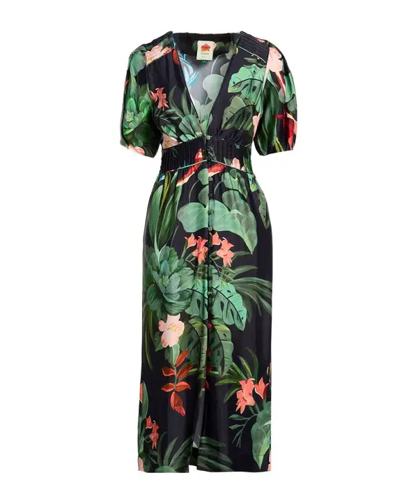 Farm Rio Short-sleeved V-neck Midi Dress With Tropical Print