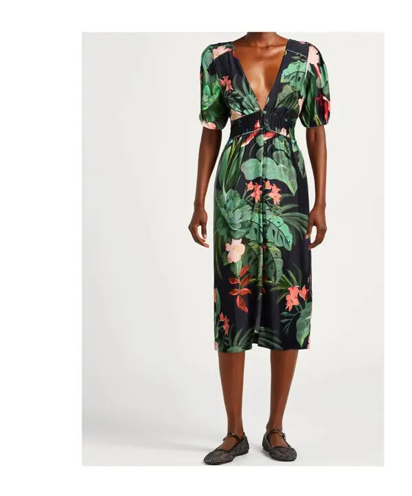 Farm Rio Short-sleeved V-neck Midi Dress With Tropical Print