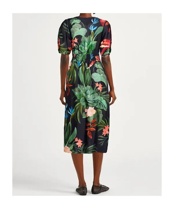 Farm Rio Short-sleeved V-neck Midi Dress With Tropical Print