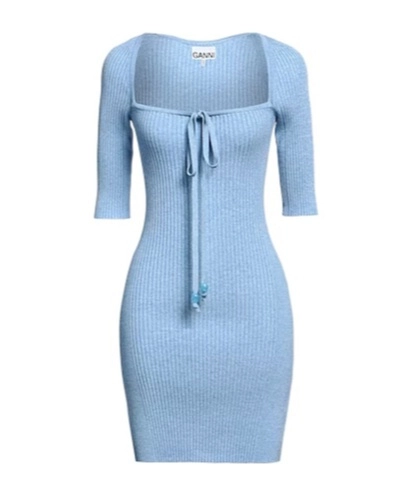 GANNI Ribbed Knit Square Neck Dress With Tie Detail