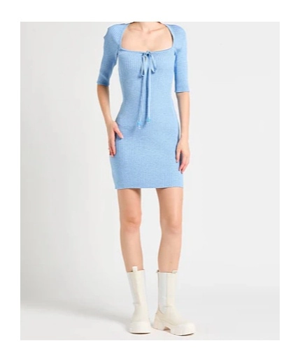 GANNI Ribbed Knit Square Neck Dress With Tie Detail