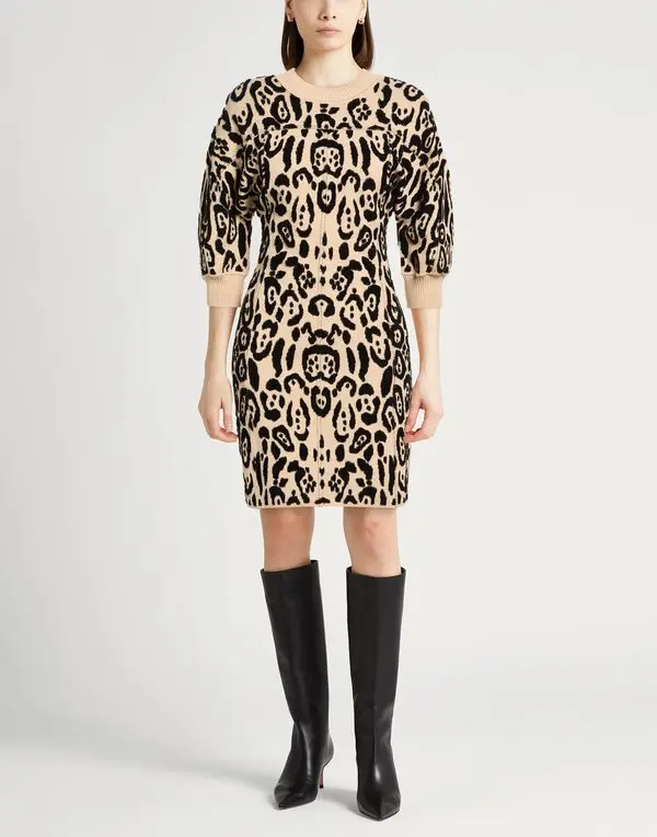 Sportmax Leopard Print Jacquard Knit Mock Neck Short Sleeve Dress