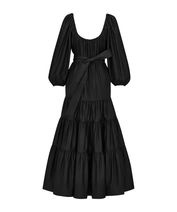 Saint Laurent Long Sleeve V-neck Maxi Dress With Belt And Tiered Skirt - Black