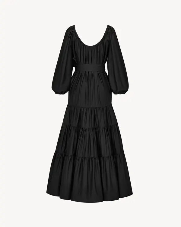 Saint Laurent Long Sleeve V-neck Maxi Dress With Belt And Tiered Skirt - Black
