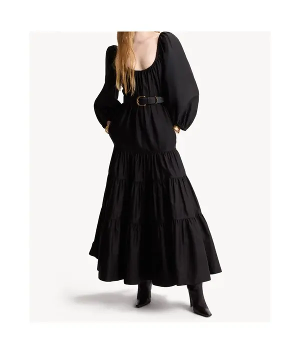 Saint Laurent Long Sleeve V-neck Maxi Dress With Belt And Tiered Skirt - Black