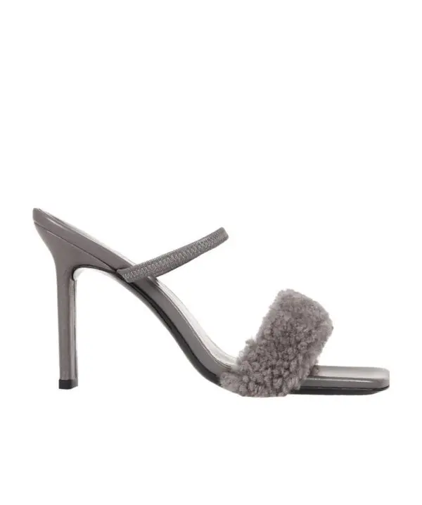 By Far Shearling Strap Open Toe High Heel Sandals - Gray