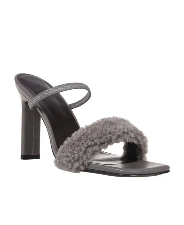 By Far Shearling Strap Open Toe High Heel Sandals - Gray