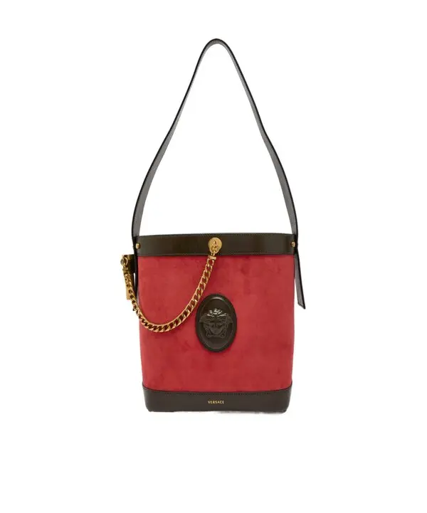 Versace Chain Small Leather And Suede Bucket Bag - Red
