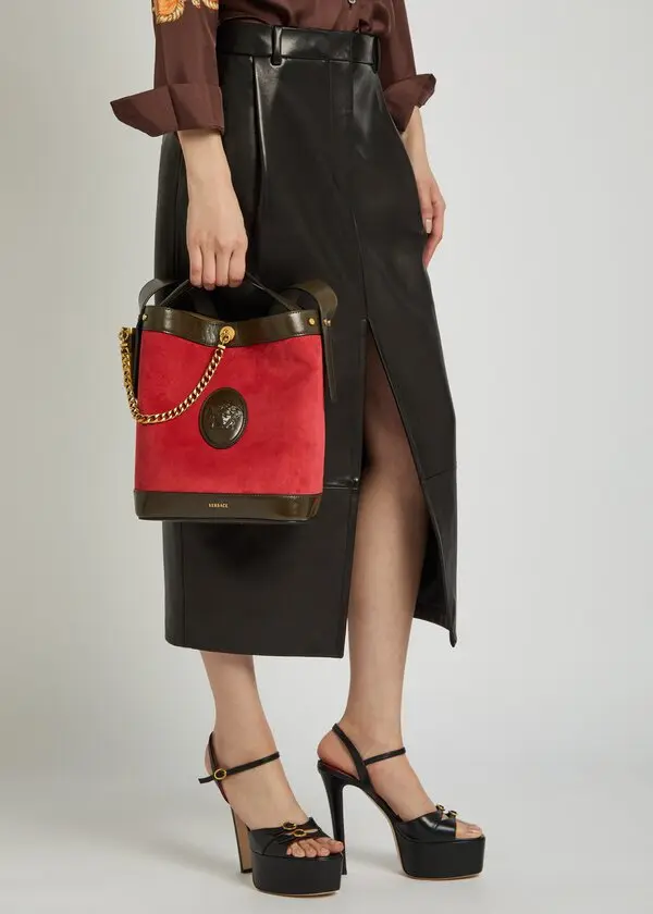Versace Chain Small Leather And Suede Bucket Bag