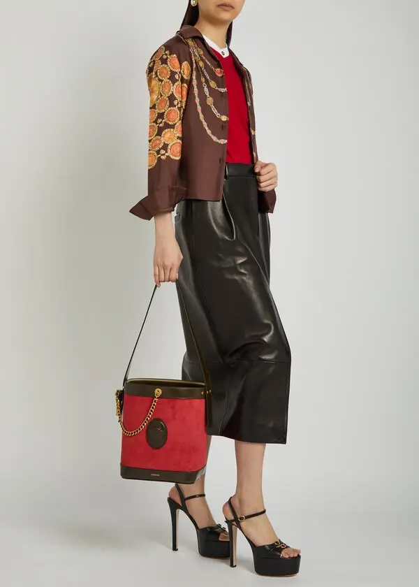 Versace Chain Small Leather And Suede Bucket Bag