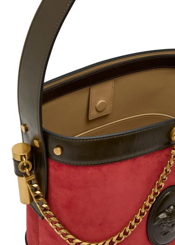 Versace Chain Small Leather And Suede Bucket Bag