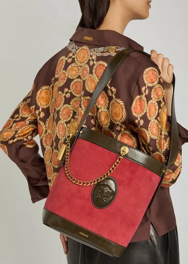 Versace Chain Small Leather And Suede Bucket Bag