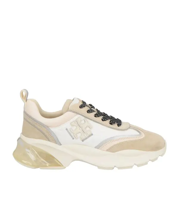 Tory Burch Lace-up Round Toe Sneakers With Embossed Logo Detailing - Nude