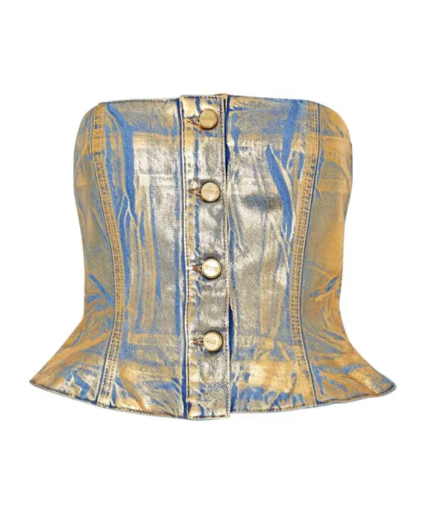 GANNI Foil-print Strapless Denim Top