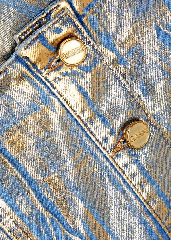 GANNI Foil-print Strapless Denim Top